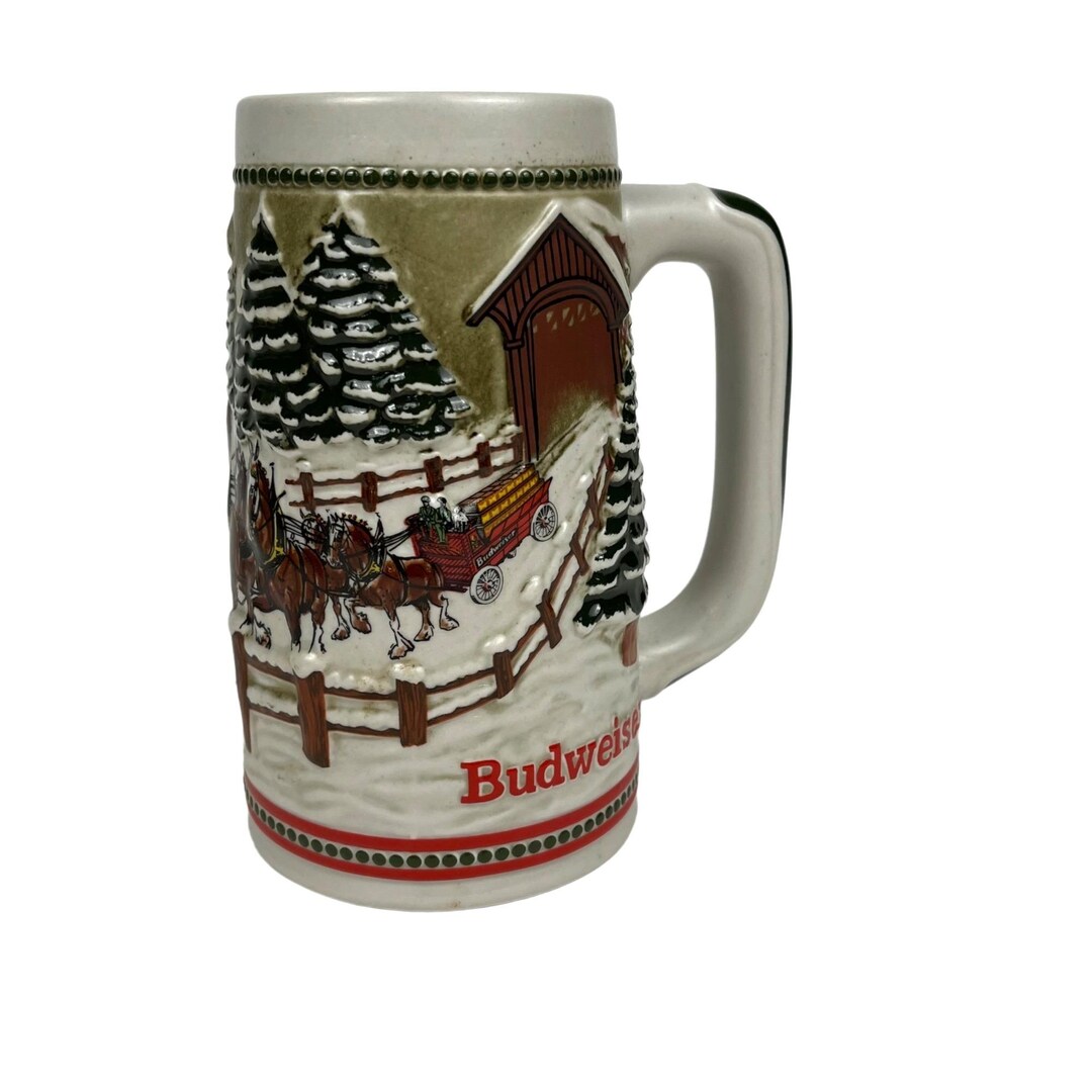 Vintage Budweiser Clydesdales Winter Beer Stein 1984 Covered Bridge 3D ...