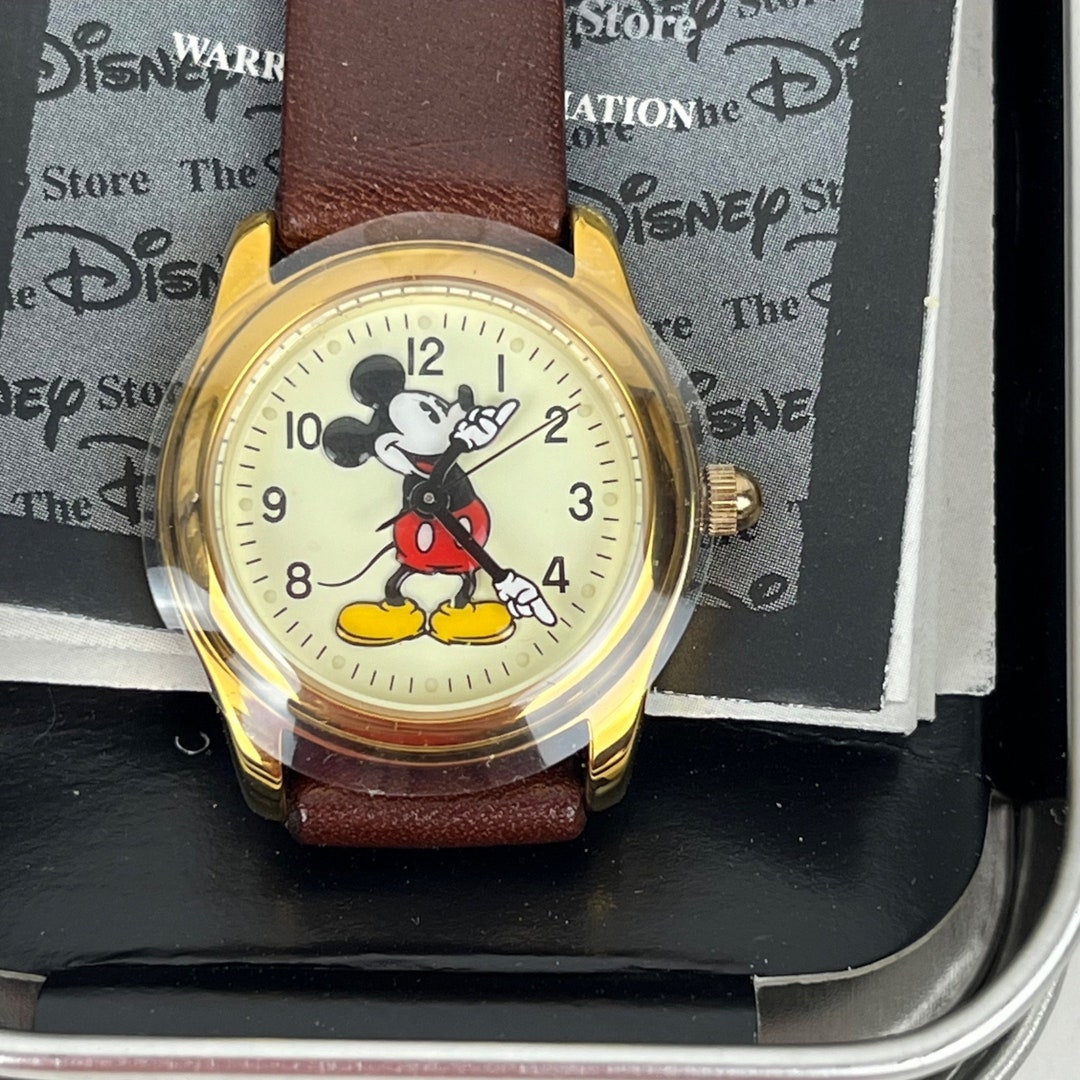Vintage Disney Mickey Mouse Watch Gold-tone Brown Leather Band Metal ...