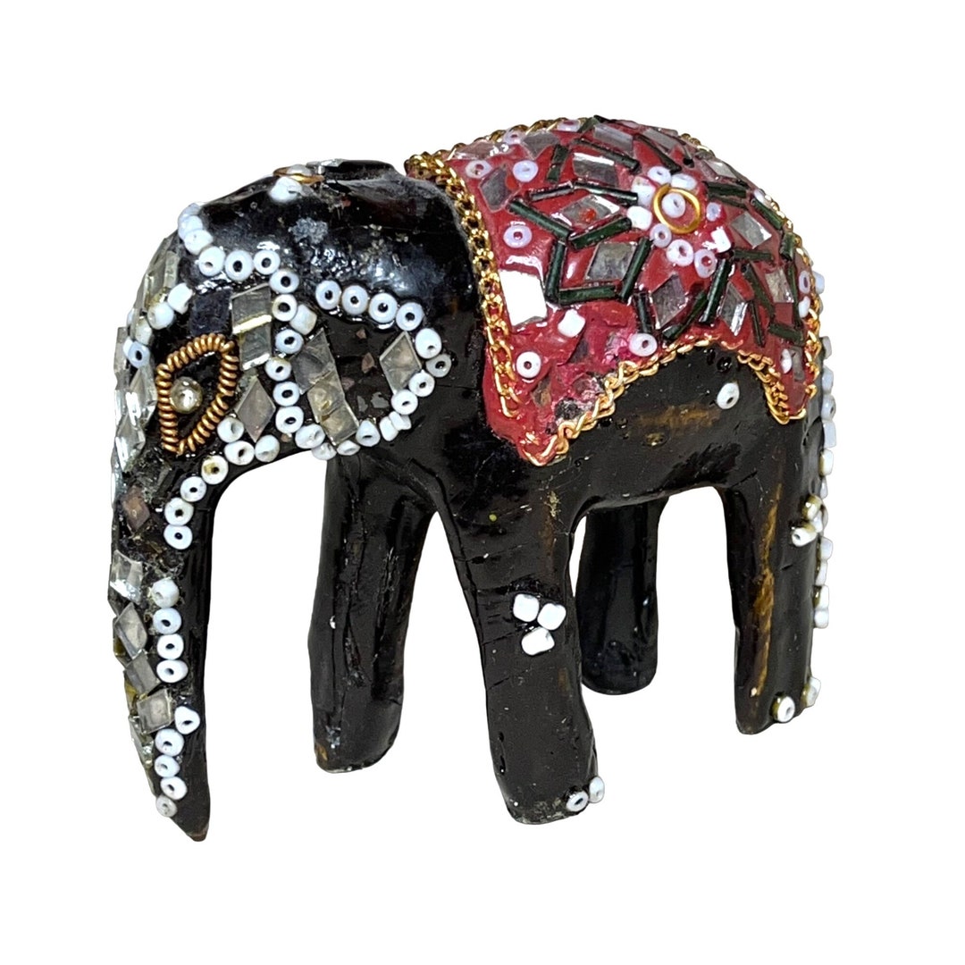 Vintage Jeweled Wooden Elephant Figurine Beaded Handmade - Etsy