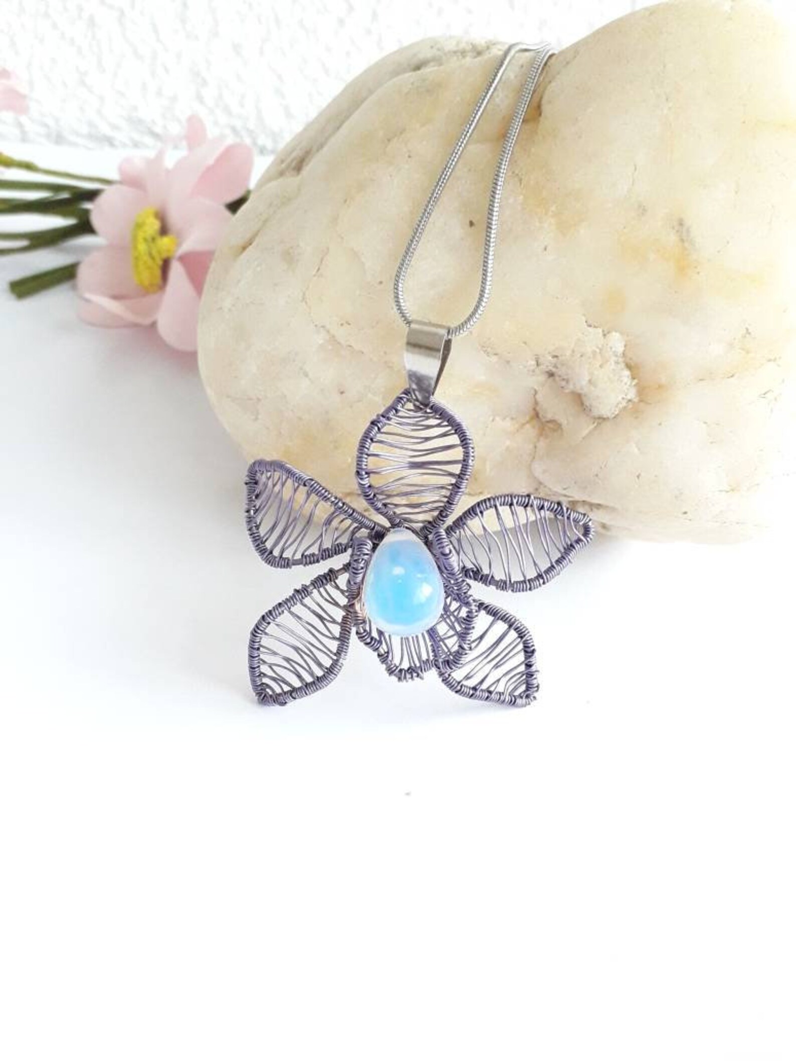 Real Orchids Necklace Floral Moonstone Pendant Purple Orchids Pendant ...