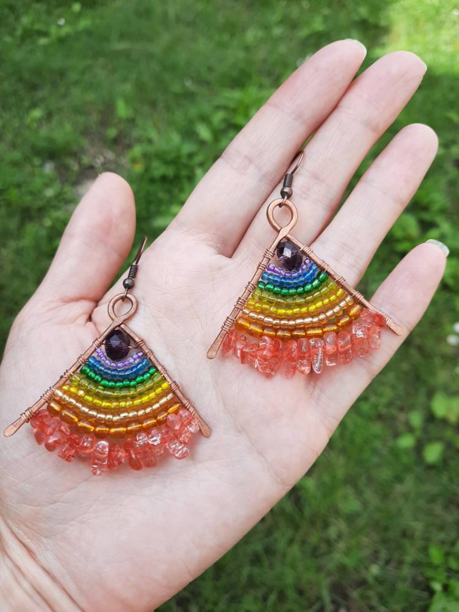 Rainbow Beaded Triangle Earrings Multicolored Stud Earrings - Etsy