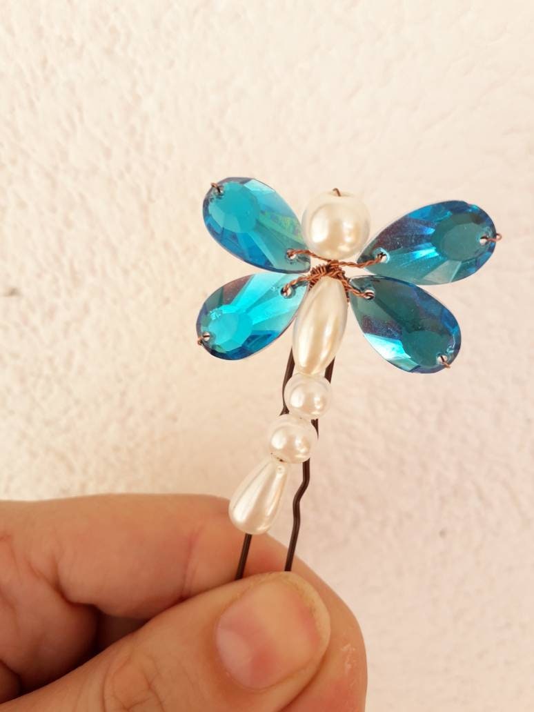 Blue Dragonfly Hair Pin 3 Hair Pin Set Glamour White Perl Wedding Pin ...