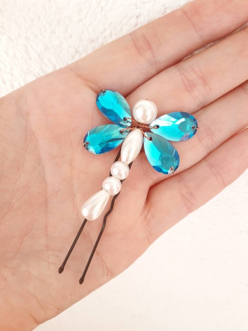 Blue Dragonfly Hair Pin 3 Hair Pin Set Glamour White Perl Wedding Pin ...