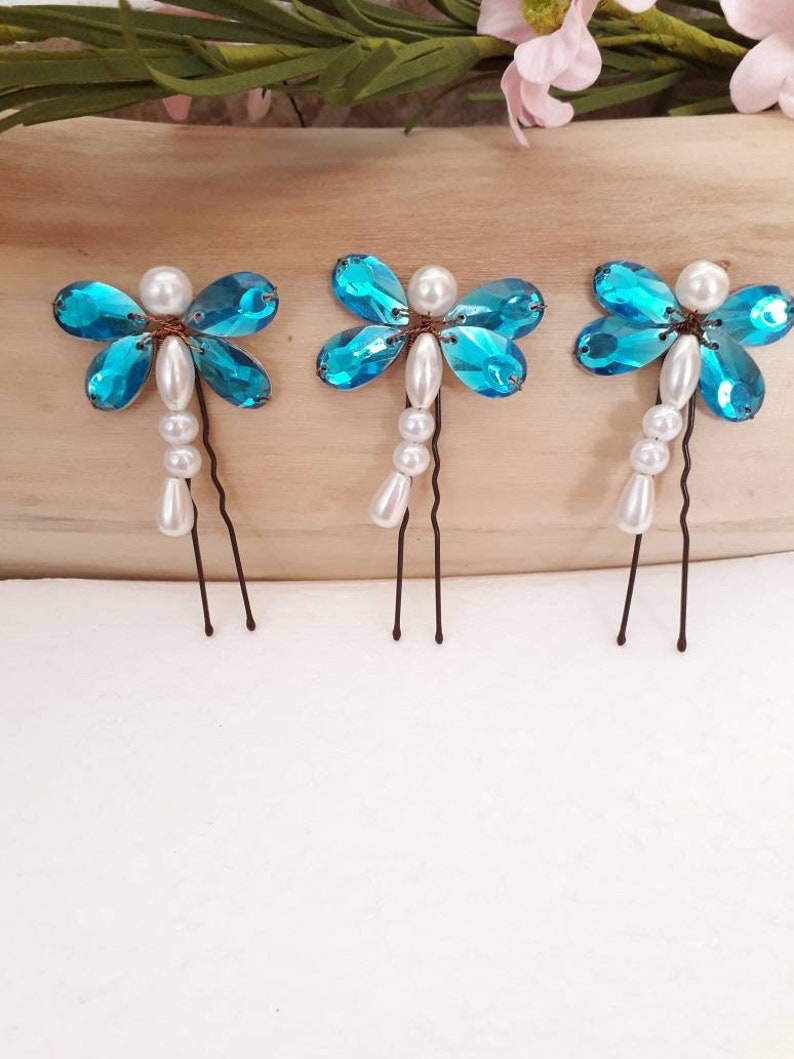 Blue Dragonfly Hair Pin 3 Hair Pin Set Glamour White Perl Wedding Pin ...