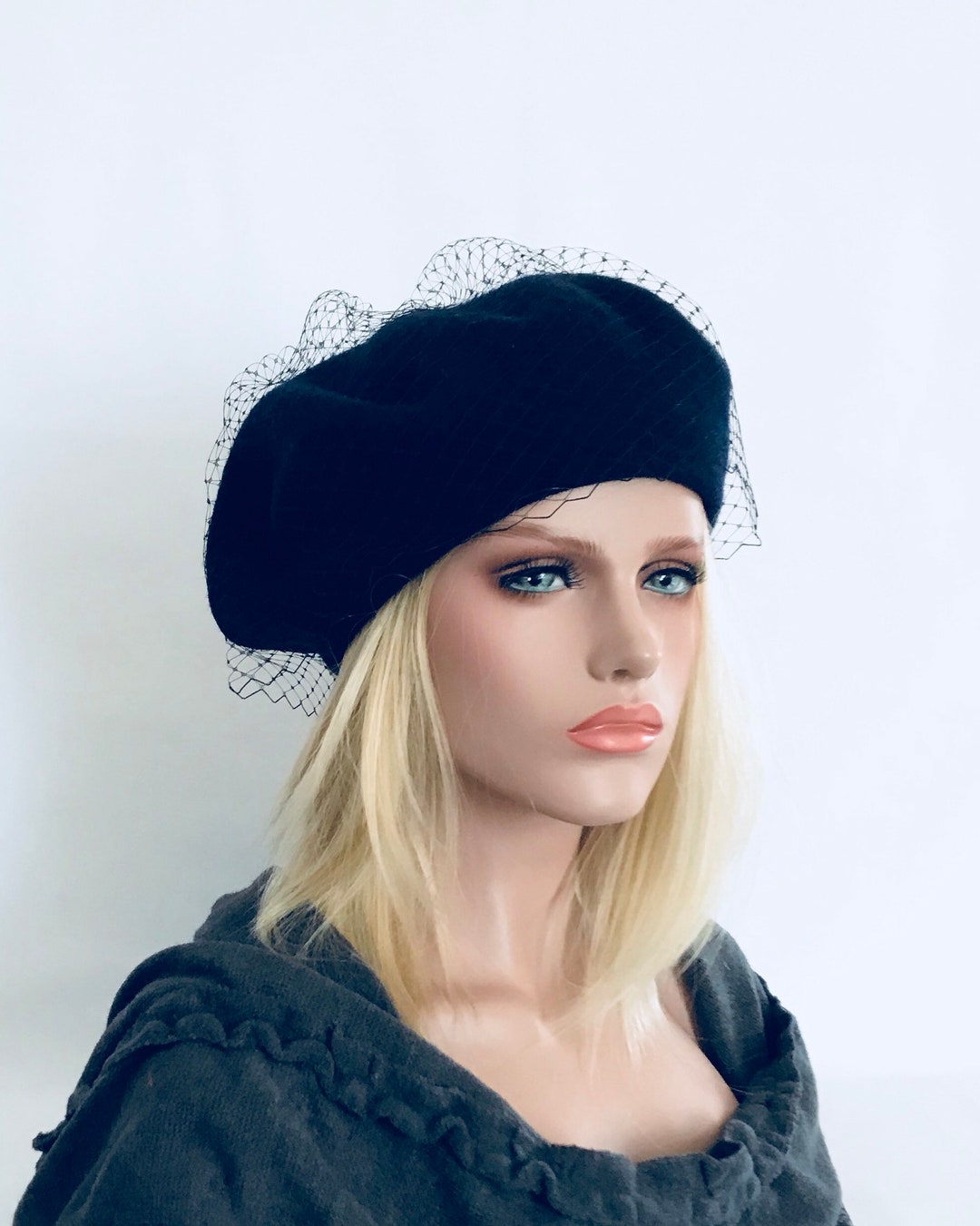 Navy Blue Paris Beret navy. Women's Hat. Wool Beret With Veil. Women's ...