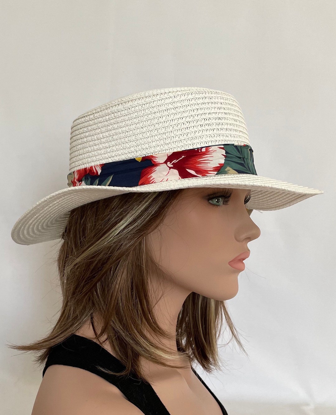 Women's Summer White Calvi Boater Hat With Wide Brim. Beach and Sun Hat ...