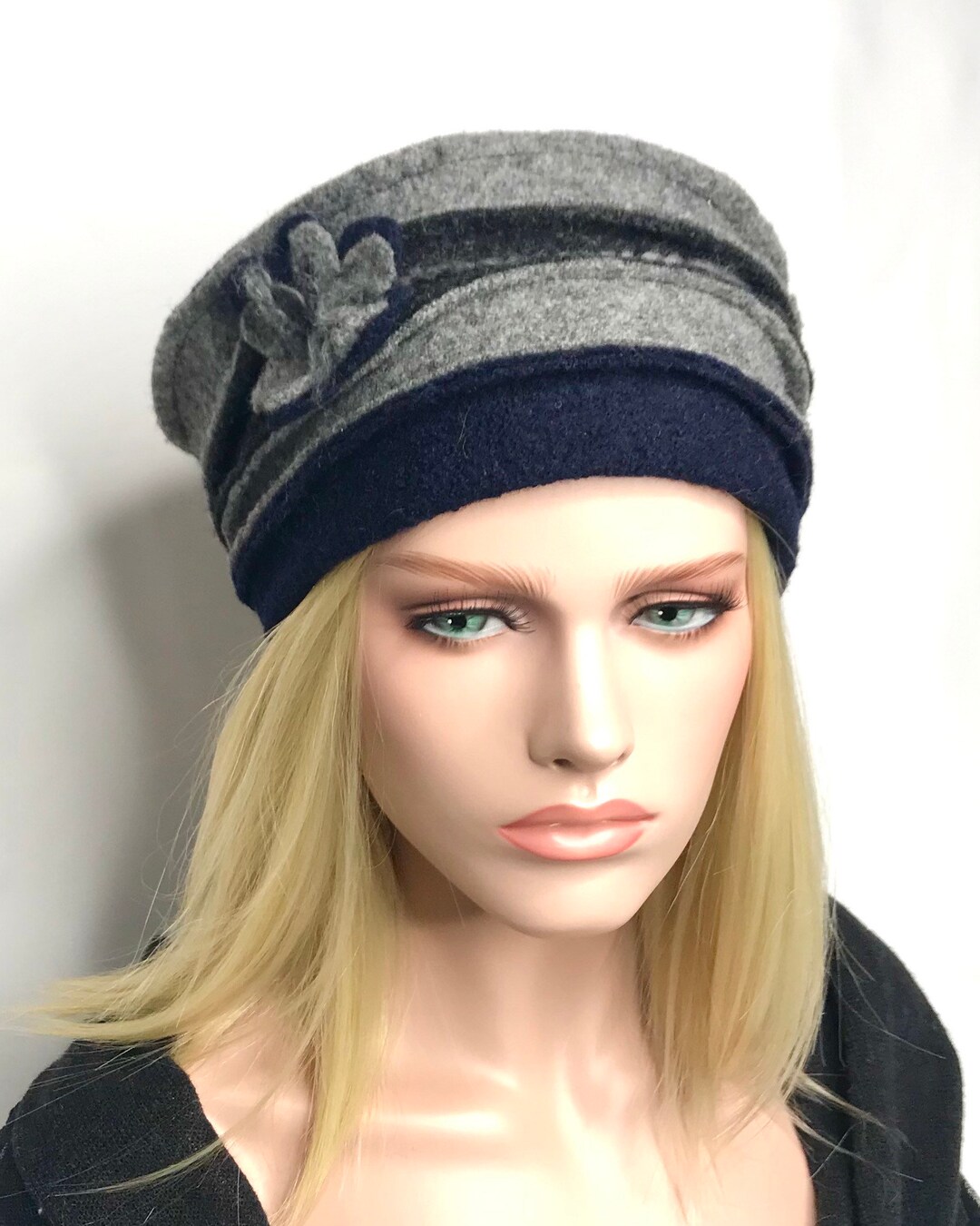 Women's Winter Hat in Boiled Wool. Anais Hat in Navy Blue, Gray and ...