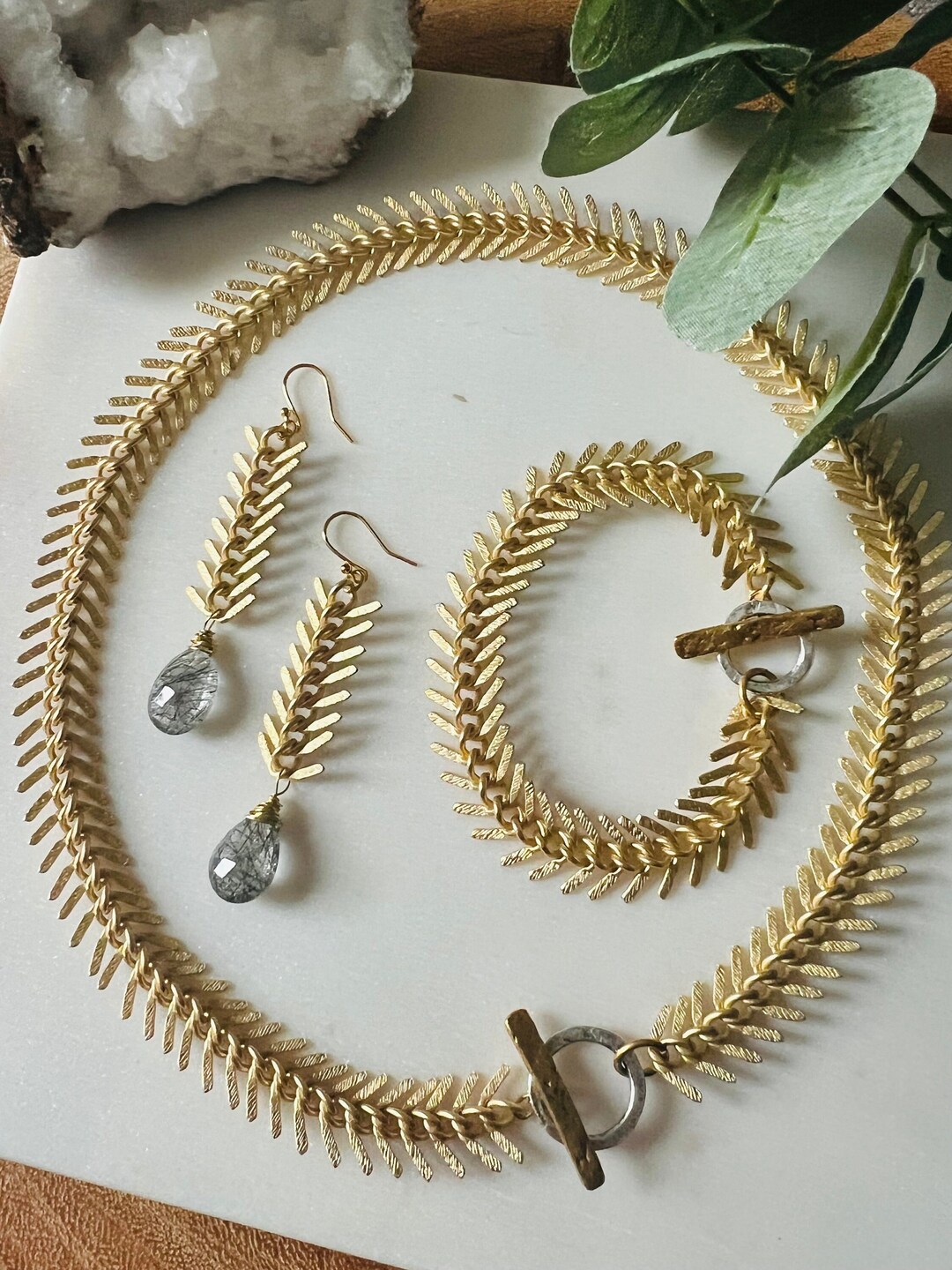 Matte Gold Fishbone Jewelry Set – Necklace, Bracelet & Earrings - Etsy