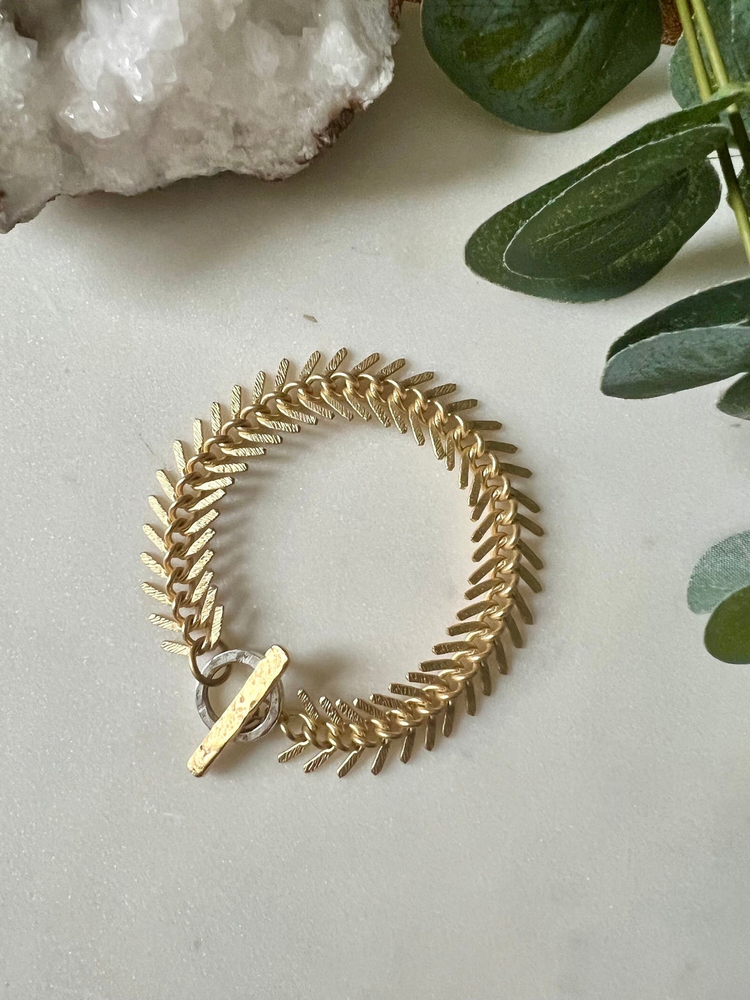 Matte Gold Fishbone Bracelet / Fishbone Chain / Toggle Bracelet / Gold ...