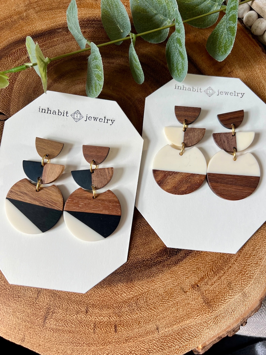 Wood 3 Tiered Earrings / Wood & Acetate Earrings / Geometric Earrings ...