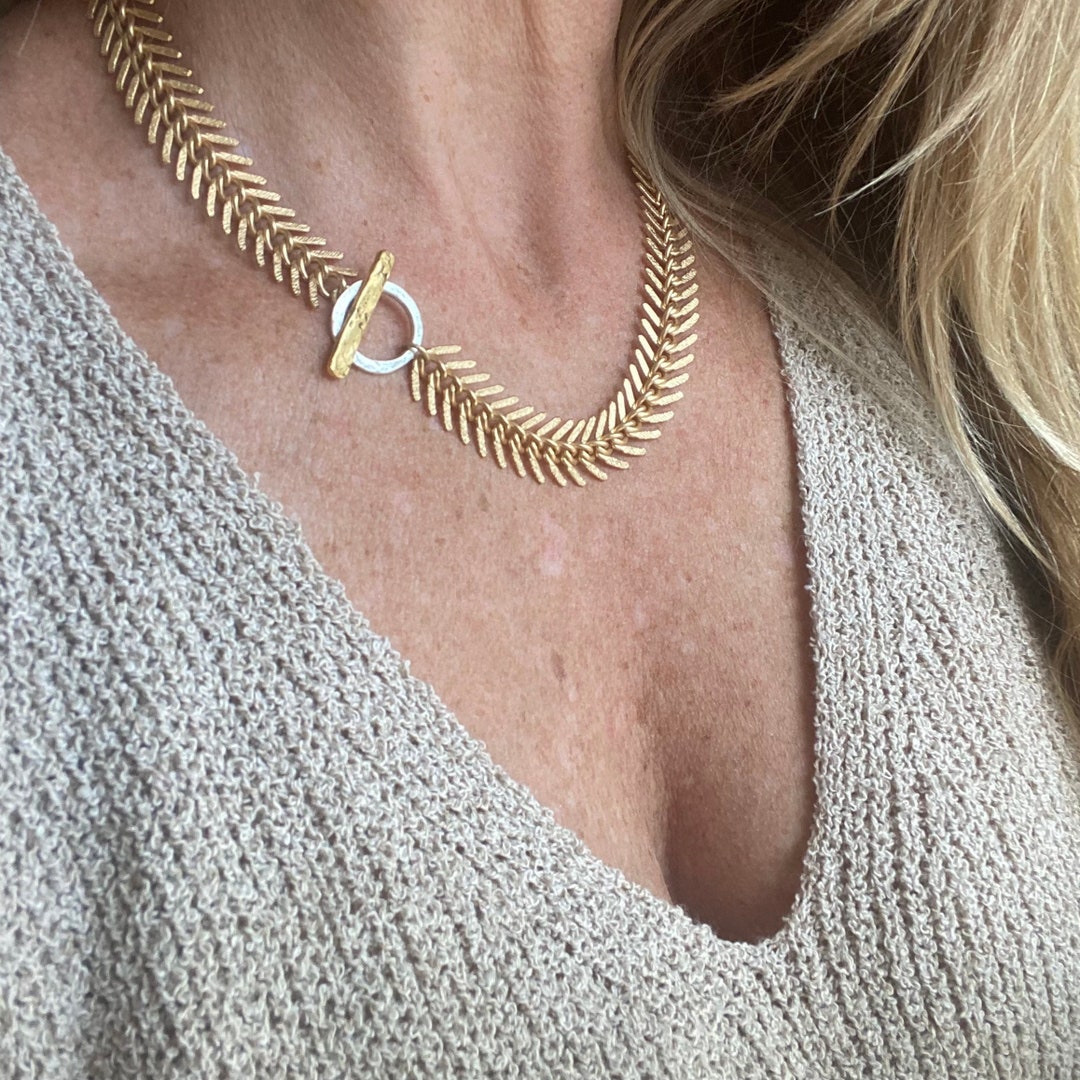 Matte Gold Fishbone Necklace / Fishbone Toggle Clasp Necklace ...