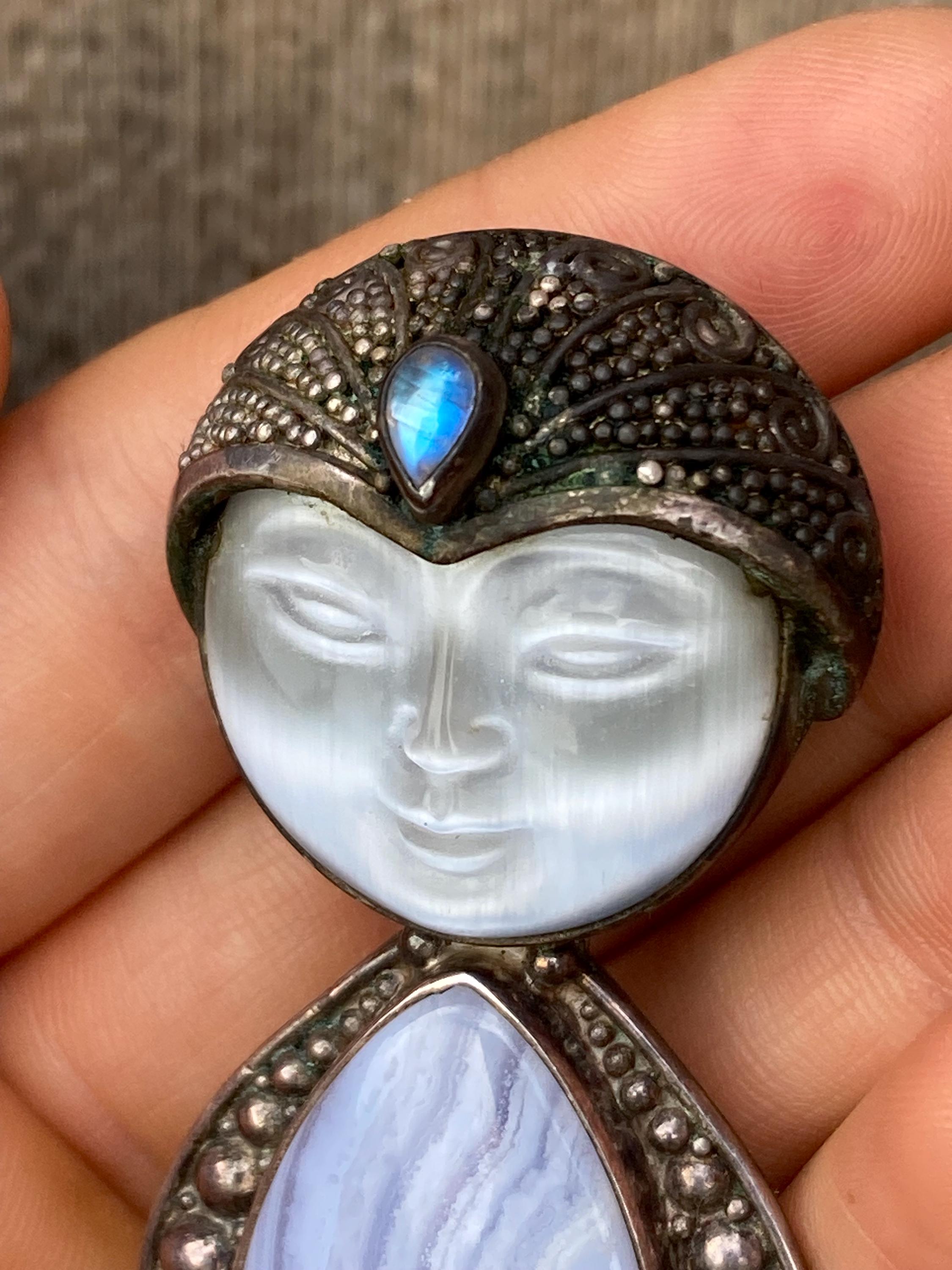 Vintage Sajen Sterling Moonface Goddess Pendant/brooch With Blue Lace ...