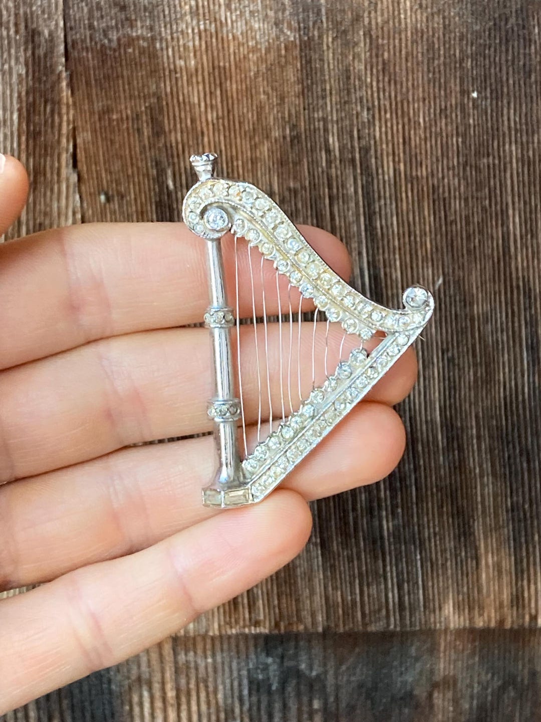 Vintage Harp Brooch With Thin Metal ‘strings’ and Rhinestone Studded ...