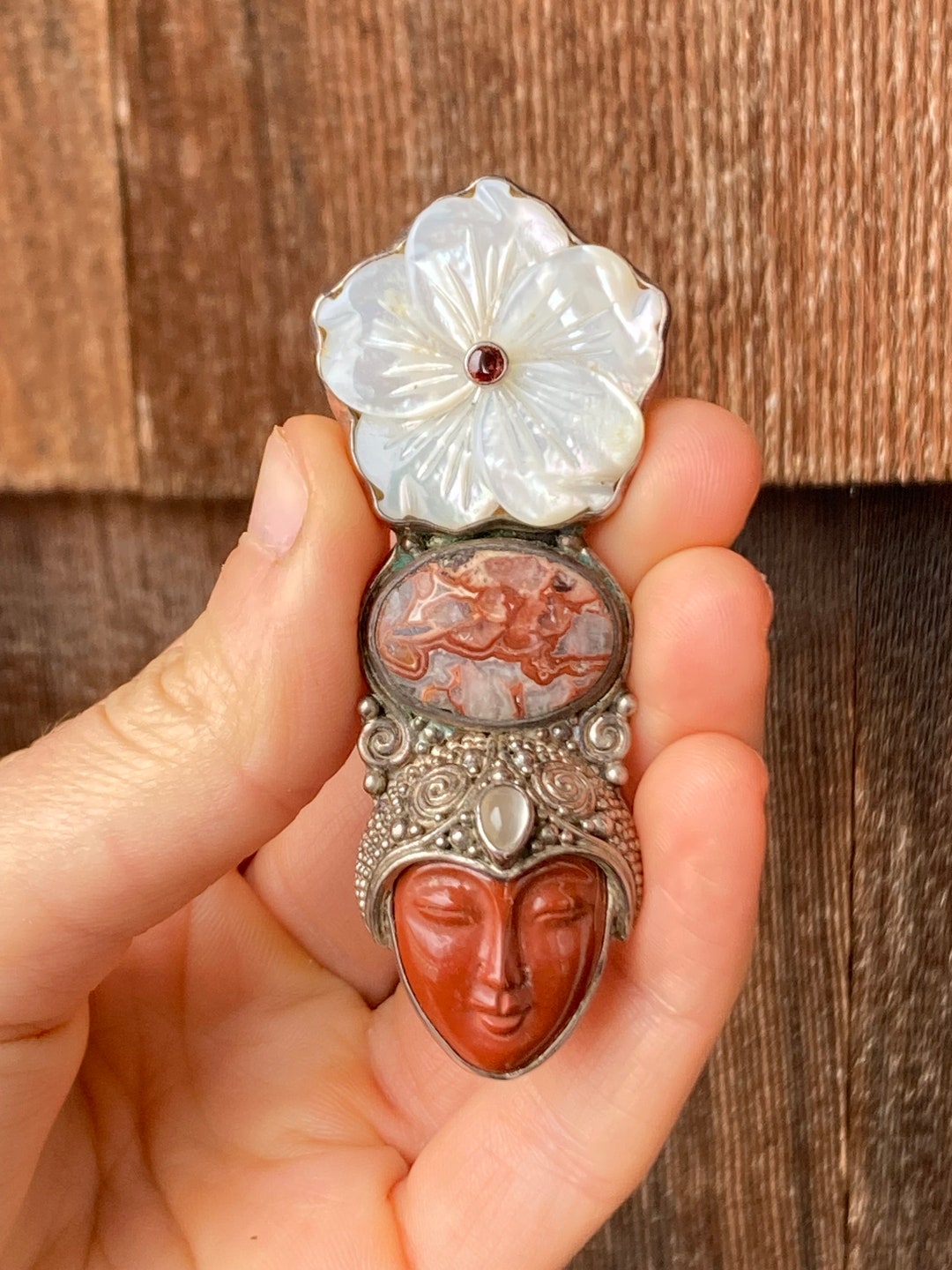Vintage Sterling Sajen Pendant Brooch With Carved Face, Mother of Pearl ...