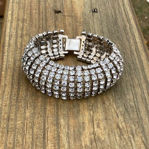 Vintage Flexible Bracelet With 7 Rows of Clear Rhinestones in Silver ...