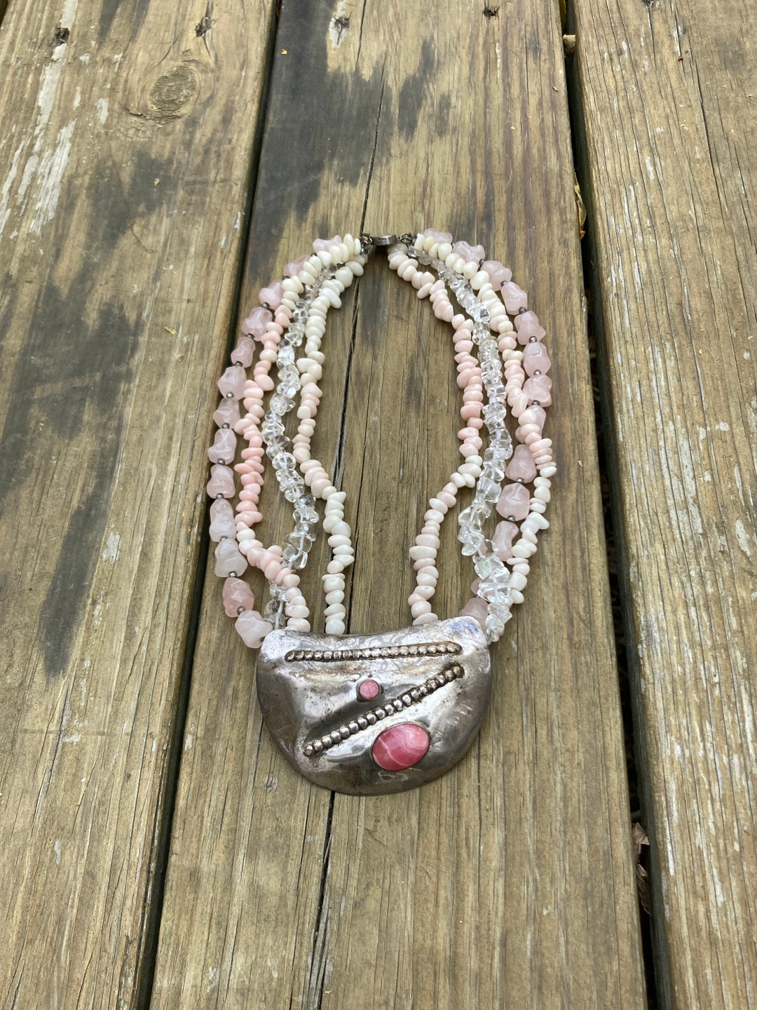 Vintage Tulla Booth Necklace With Four Beaded Stone Strands and Large ...