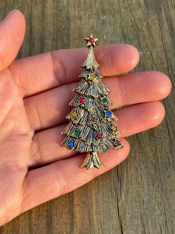 Vintage BJ Christmas Tree Brooch With Gold Toned Boughs and Colored Rhinestone Ornaments Comes in Original Box 3567 Etsy Australia