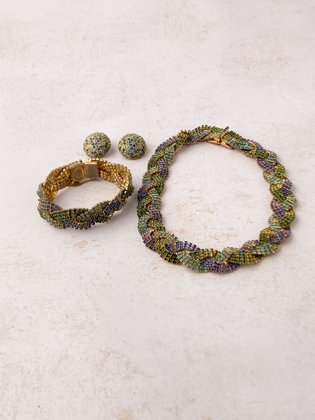 Vintage Les Bernard Jewelry Set Braided Design Studded With Ocean Blue ...