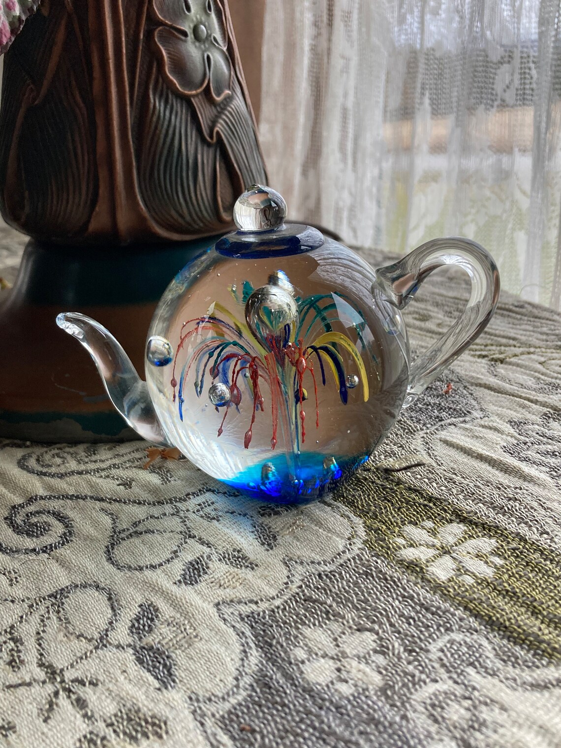 Vintage Glass Teapot Paperweight With Colorful Fountain Design and ...