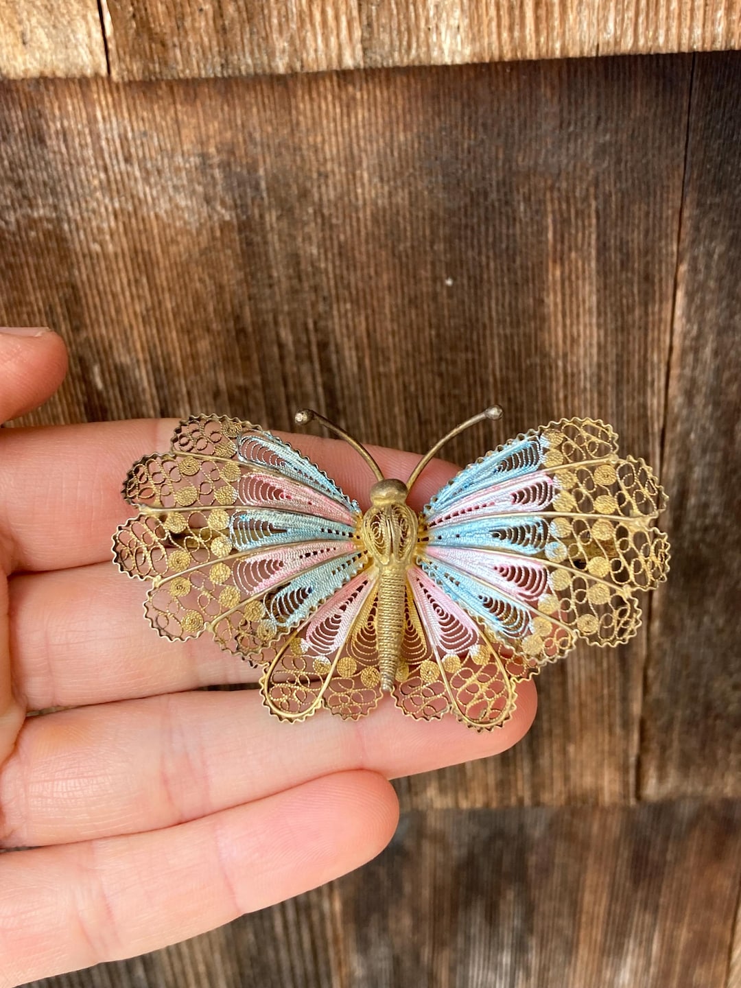 Vintage 800 Silver Filigree Butterfly Brooch With Pink and Powder Blue ...