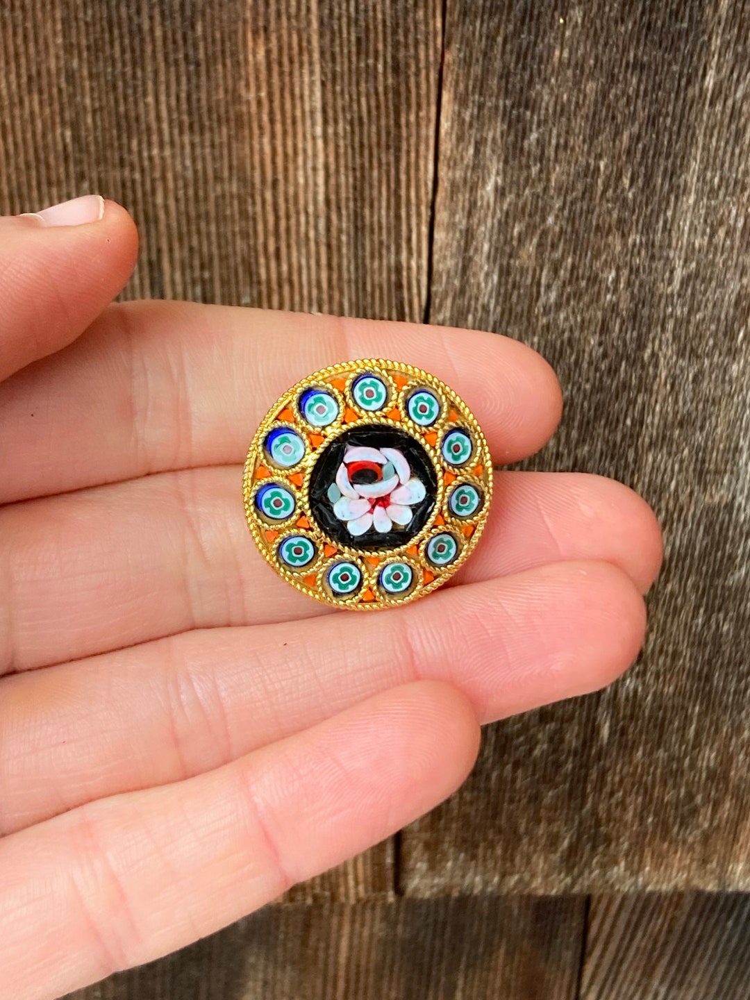 Vintage Micro Mosaic Brooch With Pale Pink Flower, Deep Colored Details ...