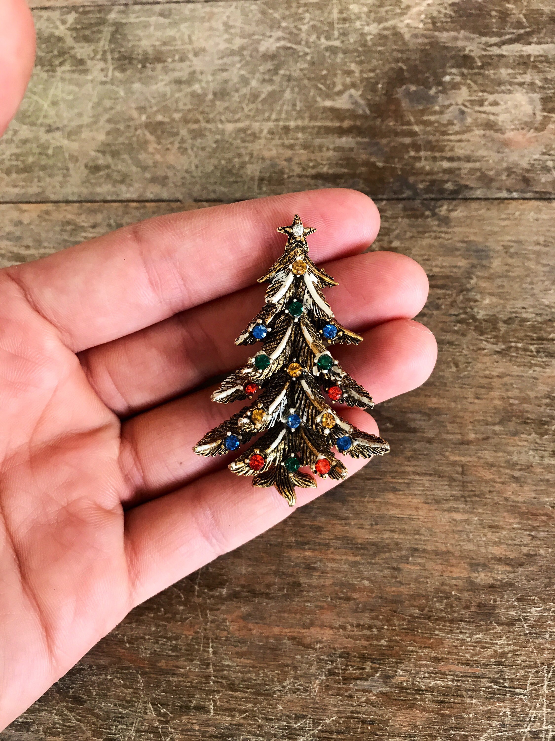 Sweet Vintage Art Christmas Tree Brooch with Orange Yellow | Etsy