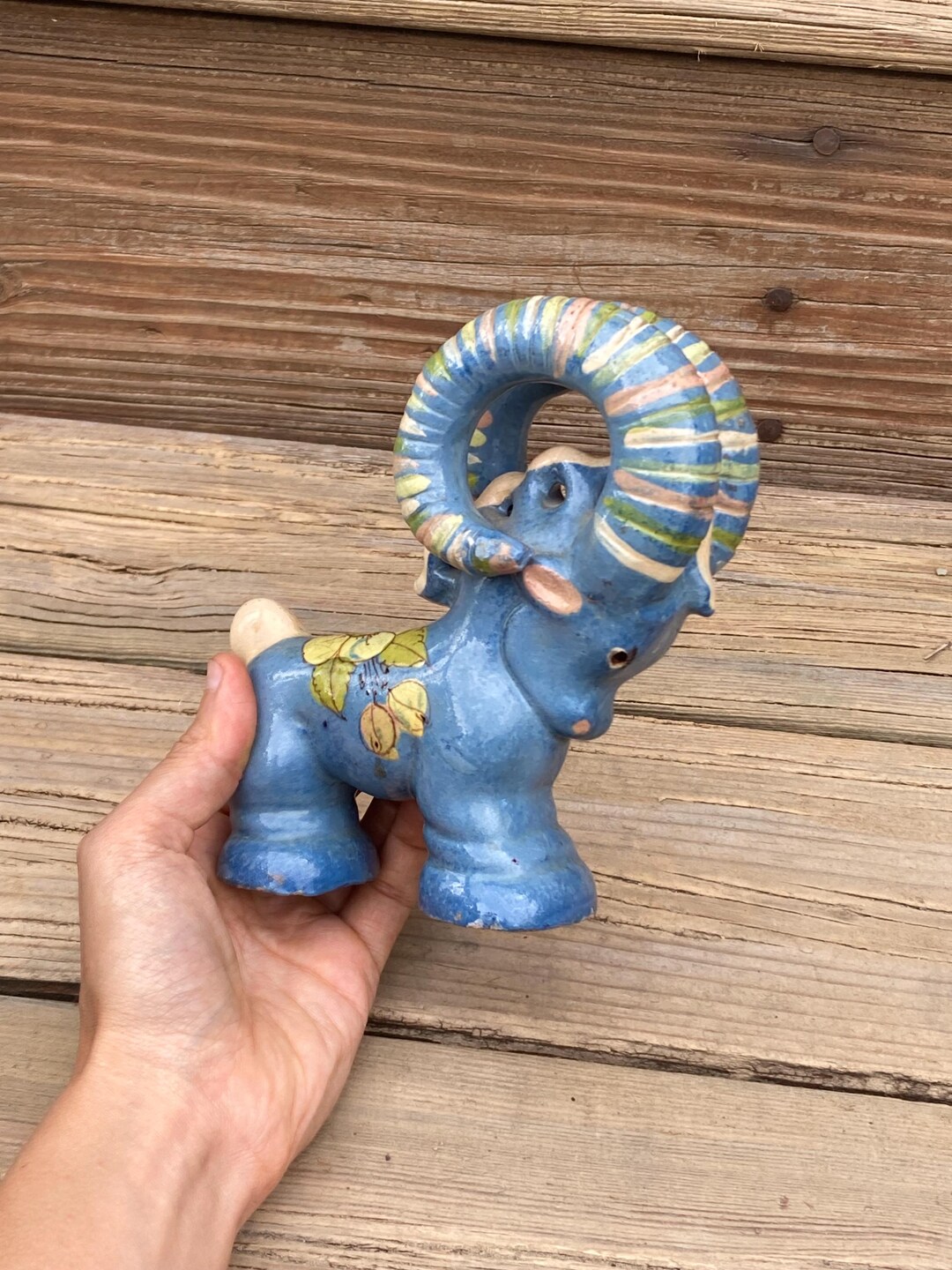 Vintage Mexico Folk Art Ram Pottery Figurine With Striped, Curled Horns ...