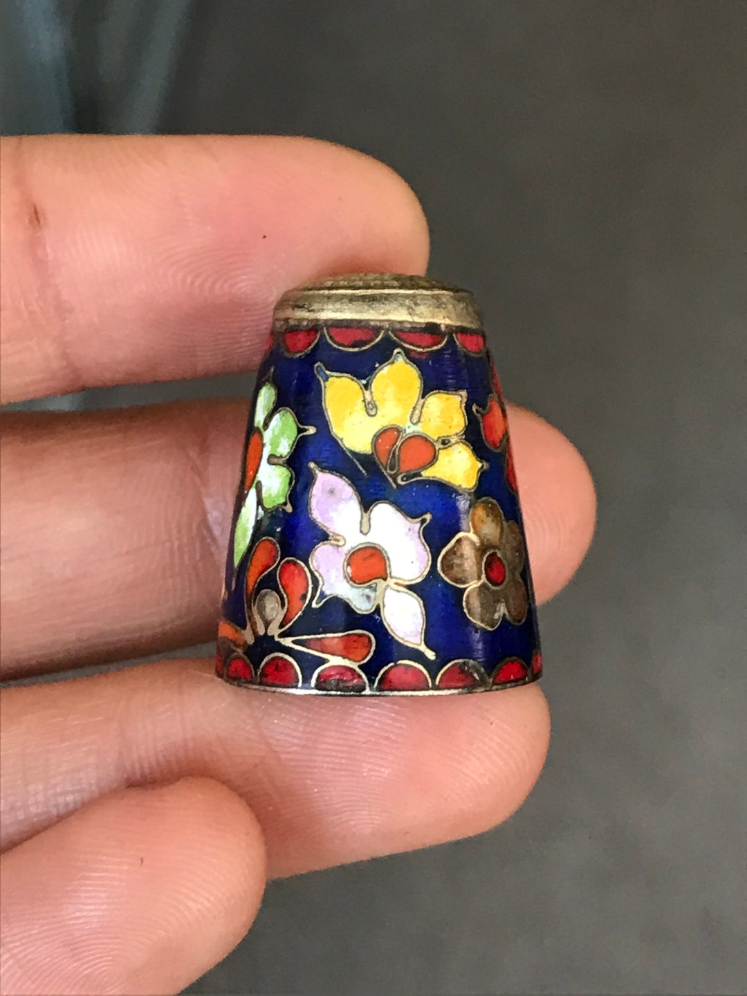 Vintage Enamel Cloisonné Thimble With Beautiful Floral Pattern and Deep ...