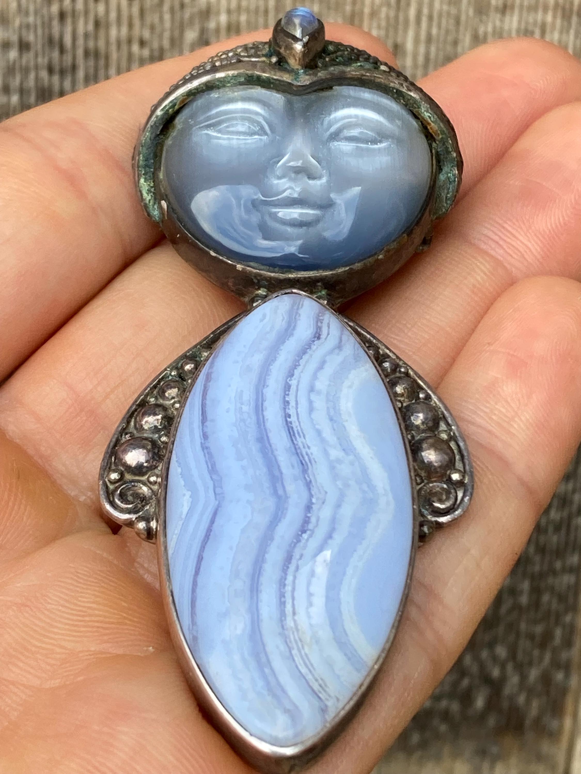 Vintage Sajen Sterling Moonface Goddess Pendant/brooch With Blue Lace ...