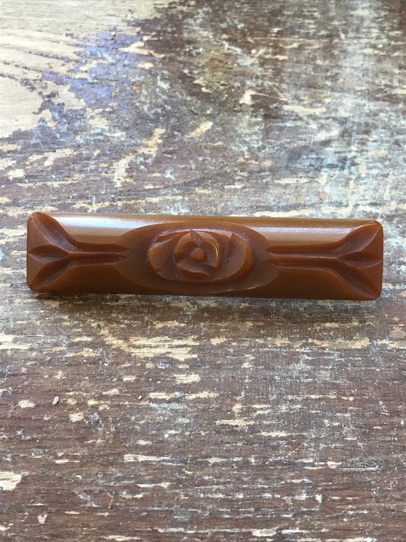 Vintage Rectangular Golden Brown Bakelite Brooch with… - Gem