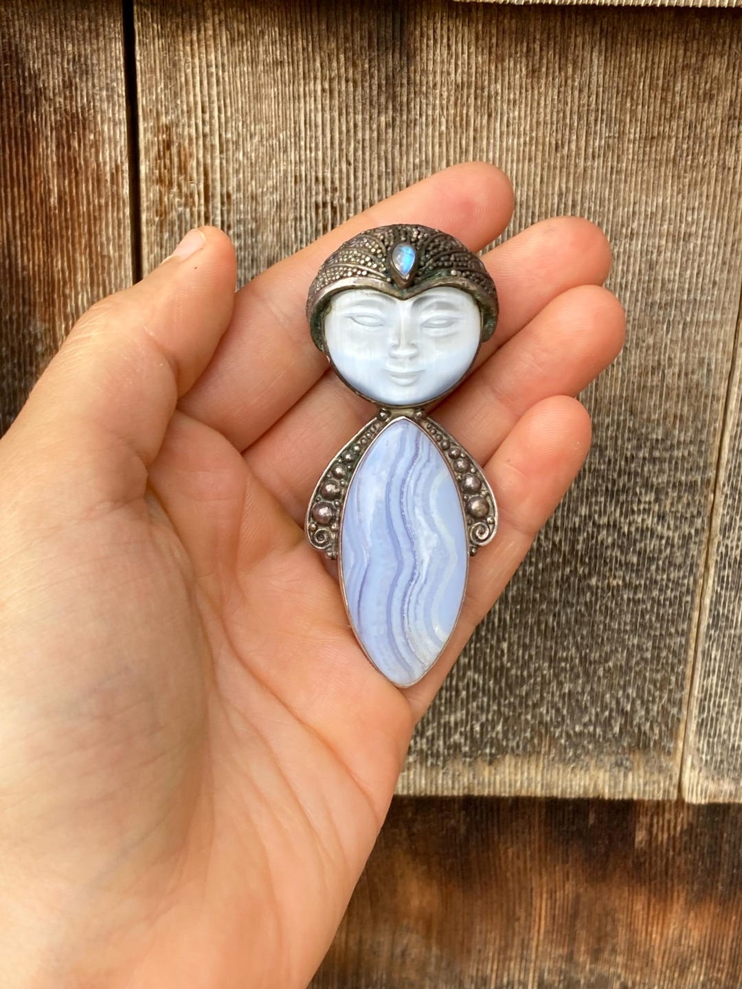 Vintage Sajen Sterling Moonface Goddess Pendant/brooch With Blue Lace ...