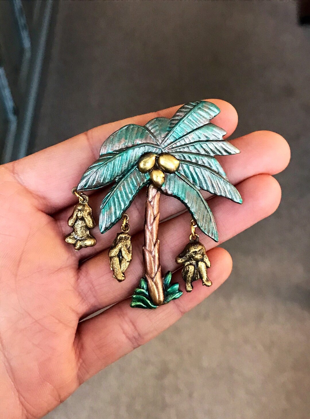 Vintage Coconut Tree With Three Dangling Monkeys Brooch, Comical ...