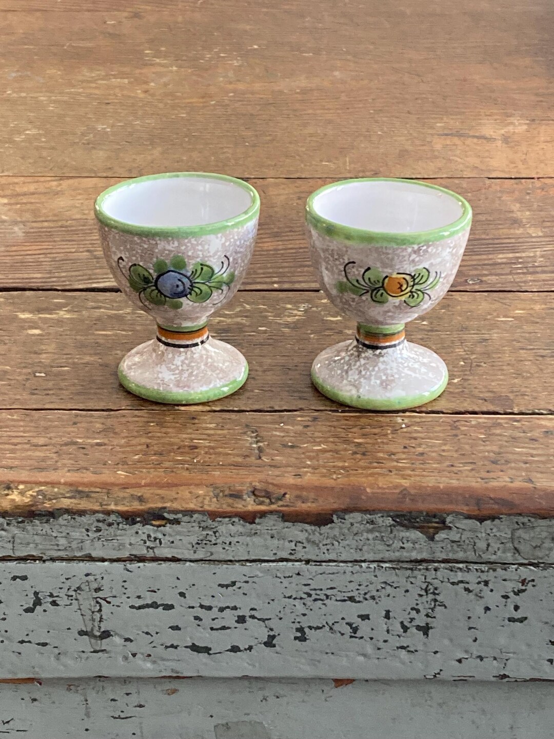 Pair of Vintage M. Deruta Italian Pottery Egg Cups With Yellow and Blue ...