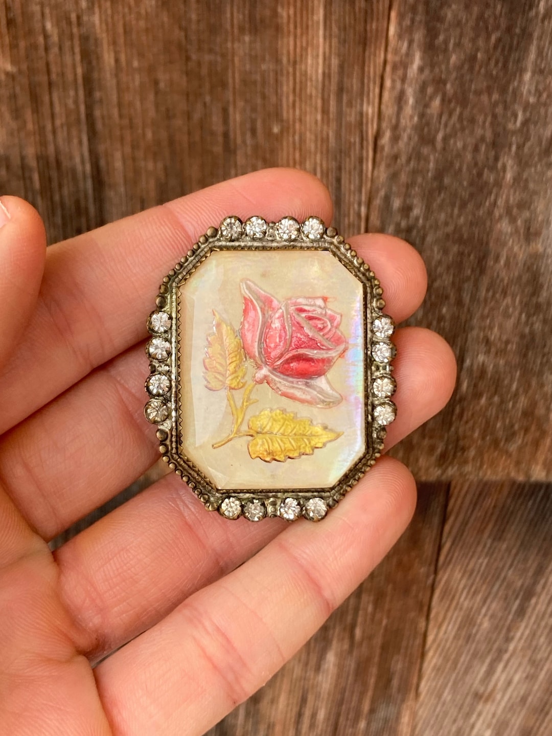 Vintage Intaglio Style Rose Brooch With Octagonal Border Studded With ...