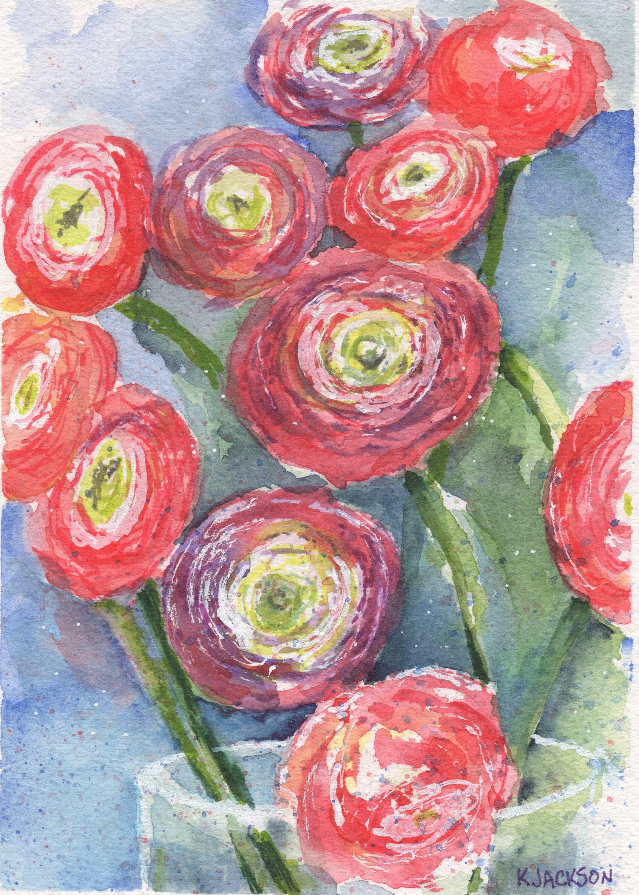 Original Watercolor Painting, Red Ranunculus Bouquet, Garden Art ...