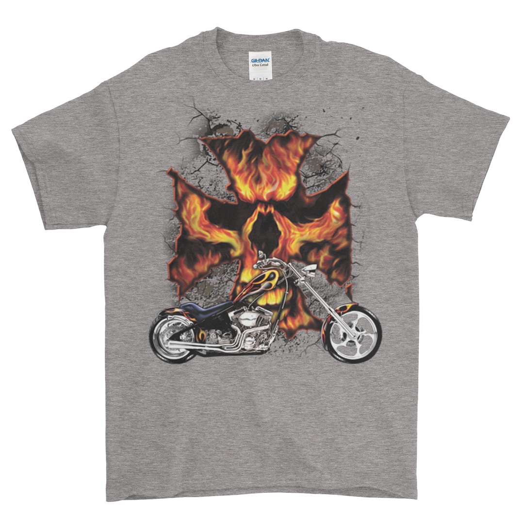 Biker Flames Motorcycle Skull T Shirt, Outlaw Biker Apparel, Chopper ...