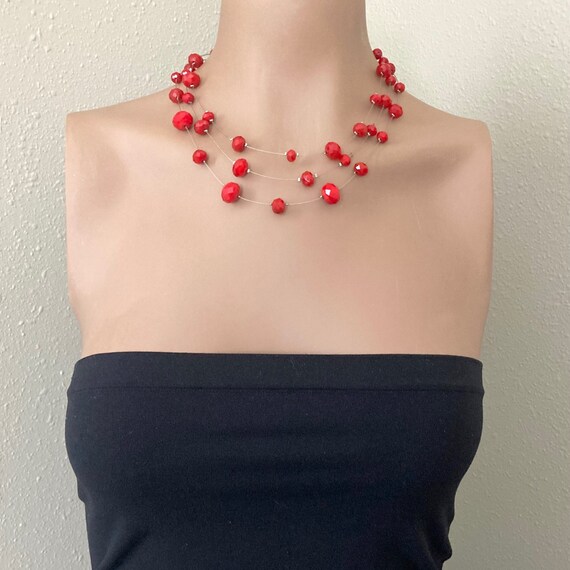 Gorgeous deep red crystal triple strand wire necklace. - Gem