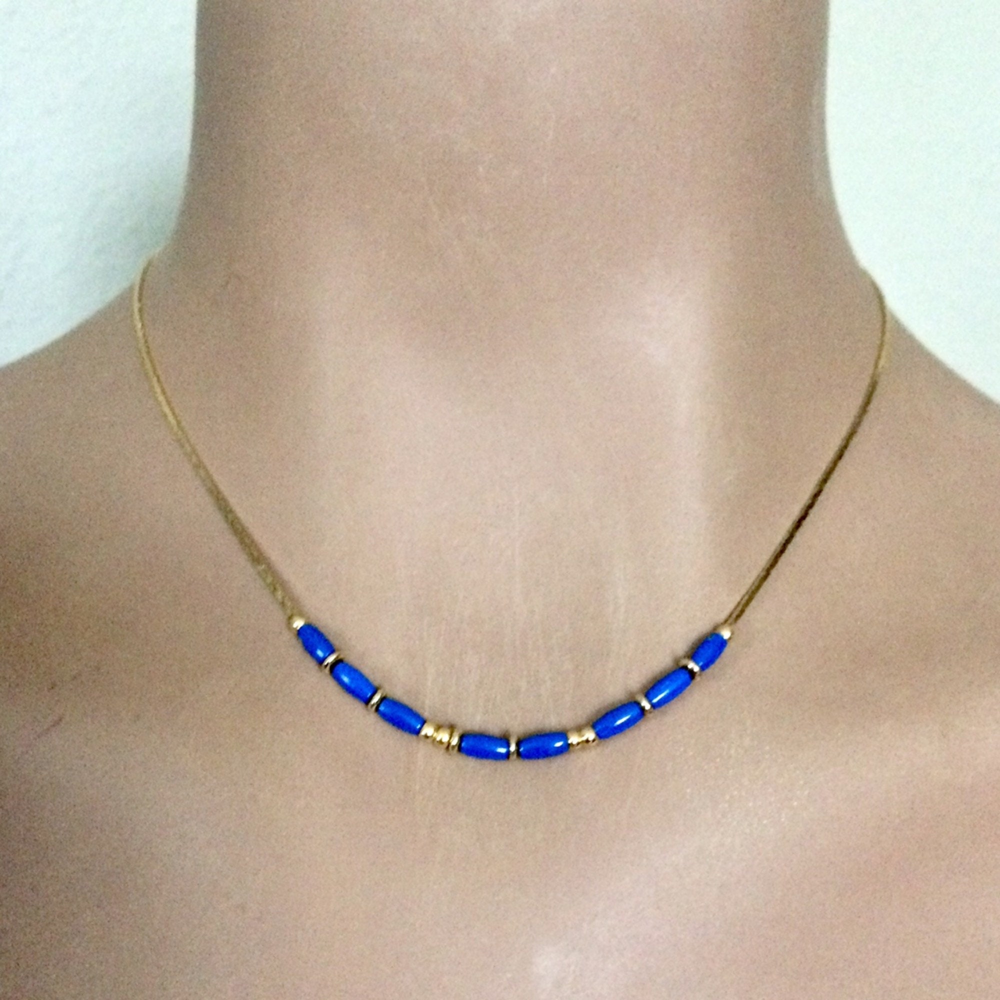 Dainty Gold Chain and Blue Glass Beaded Choker. - Etsy