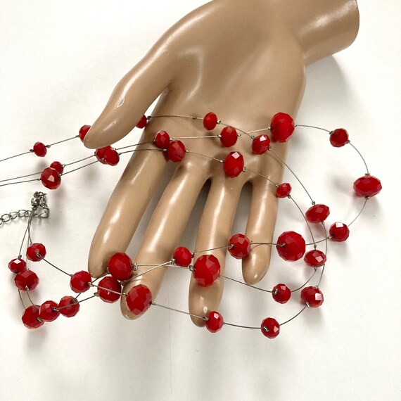 Gorgeous deep red crystal triple strand wire necklace. - Gem