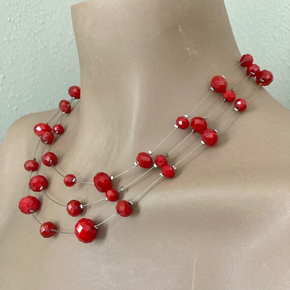 Gorgeous deep red crystal triple strand wire necklace. - Gem