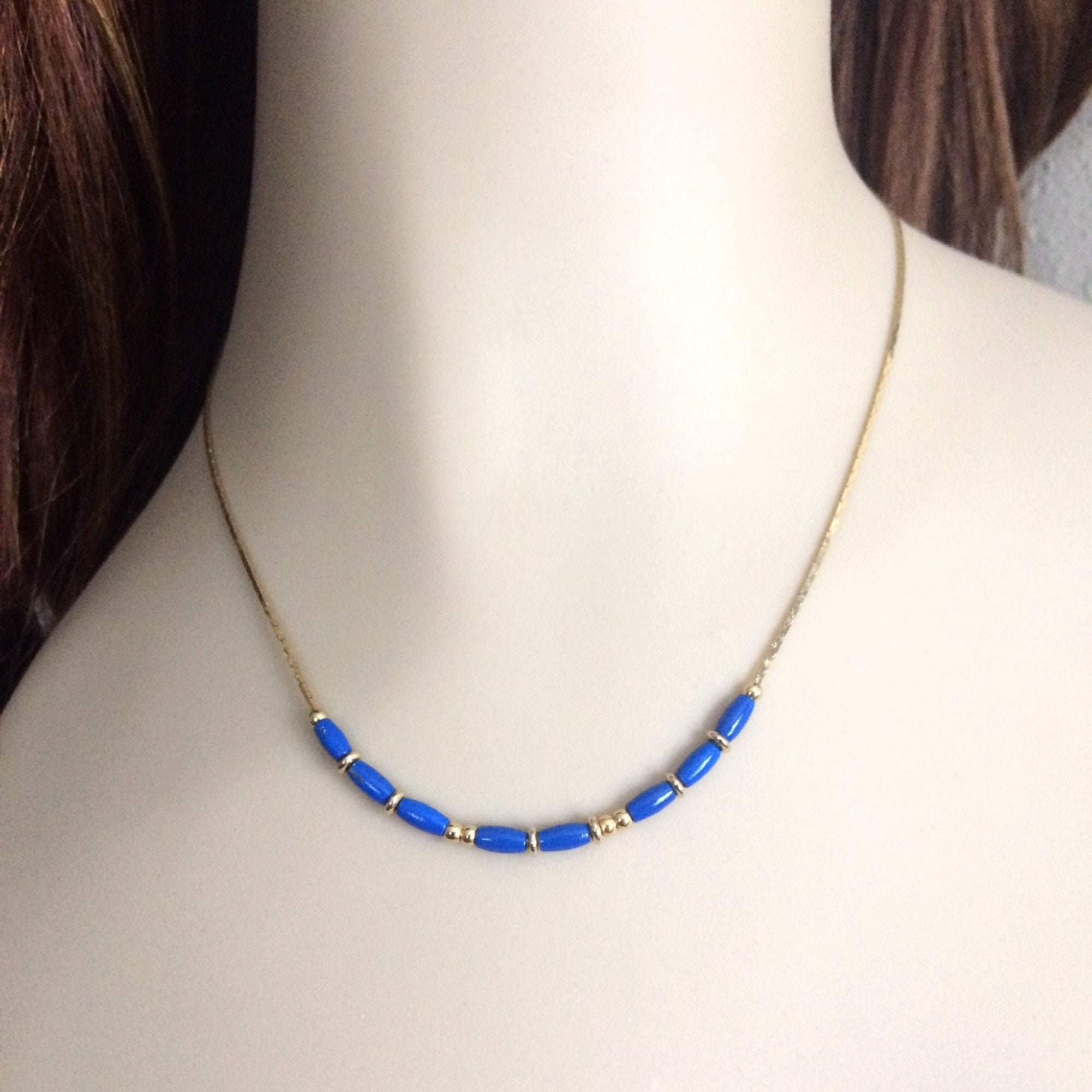 Dainty Gold Chain and Blue Glass Beaded Choker. - Etsy