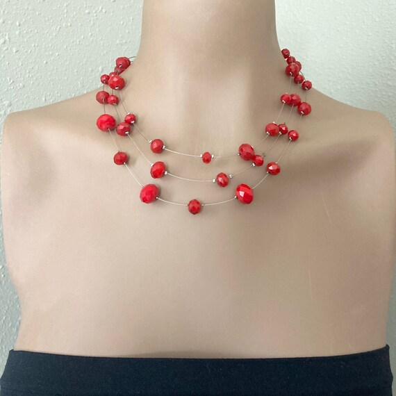 Gorgeous deep red crystal triple strand wire necklace. - Gem