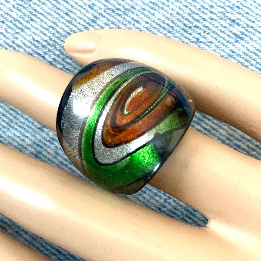 Vintage Murano Blown Art Glass Ring Size 7 US. Brown, Green and Silver ...