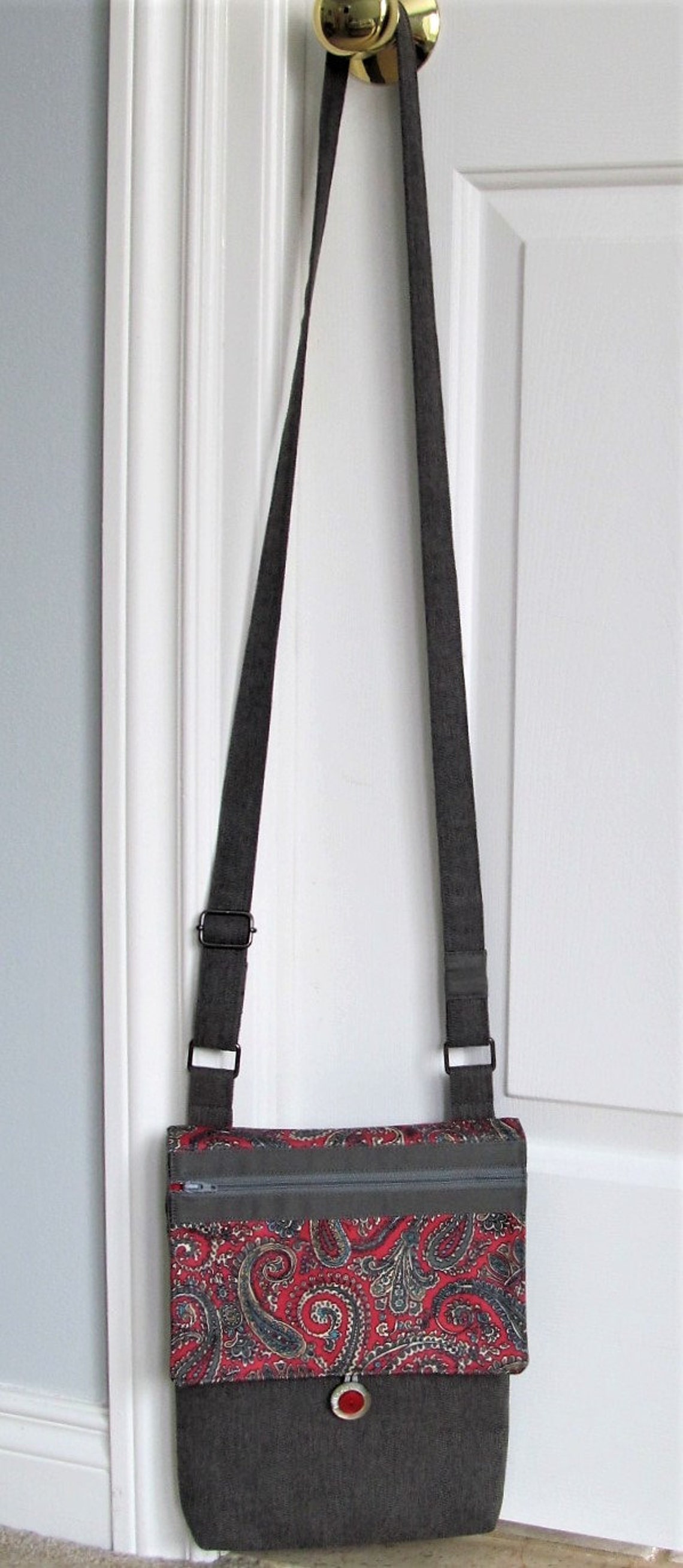 Crossbody Purse - Handmade - Grey and Red - Fabric Purse - Shoulder Bag ...