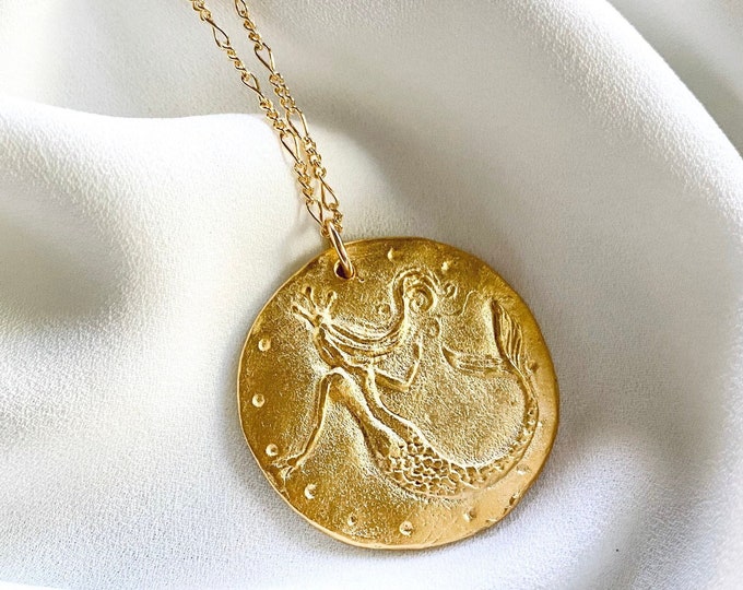 Gold Mermaid Necklace Large Mermaid Coin Pendant Necklace Gold Filled ...