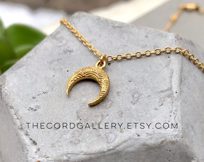 Tiny Crescent Moon Necklace Gold Filled Double Horn Pendant Minimalist Dainty Raw Brass Crescent ...