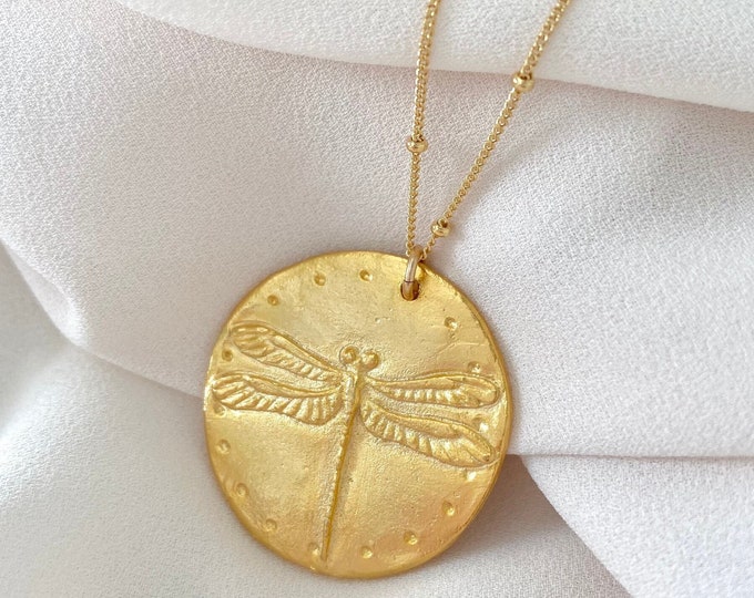 Gold Dragonfly Necklace Large Dragonfly Coin Pendant Necklace Gold ...