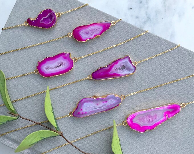 Pink Geode Necklace 14k Gold Filled Agate Slice Boho Necklace Geode ...