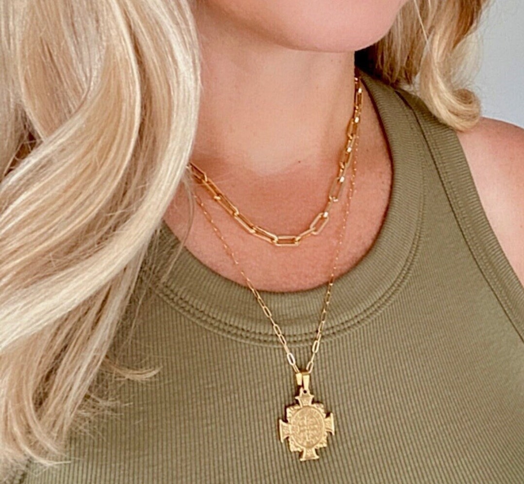 Chunky Cross Medallion Necklace Gold Filled St. Benedict Pendant ...