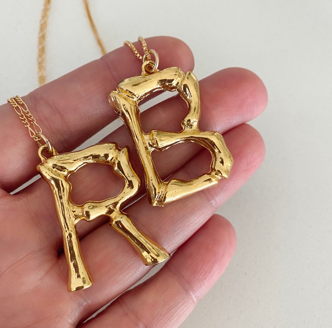 Chunky Gold Letter Pendant Necklace Gold Bamboo Style Initial Charm ...
